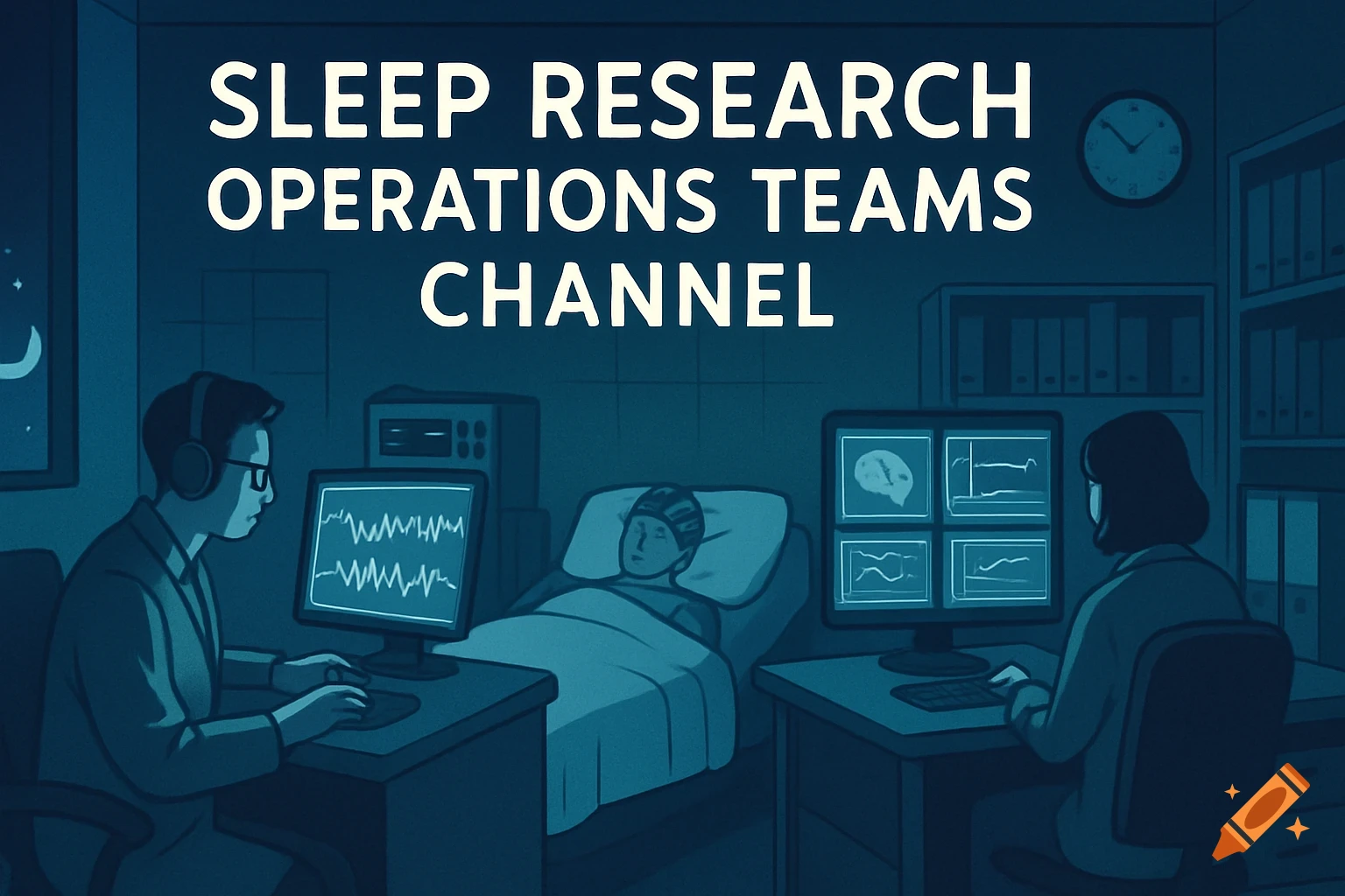Illustration of a sleep research lab with researchers monitoring a patient, text reads 'Sleep ...