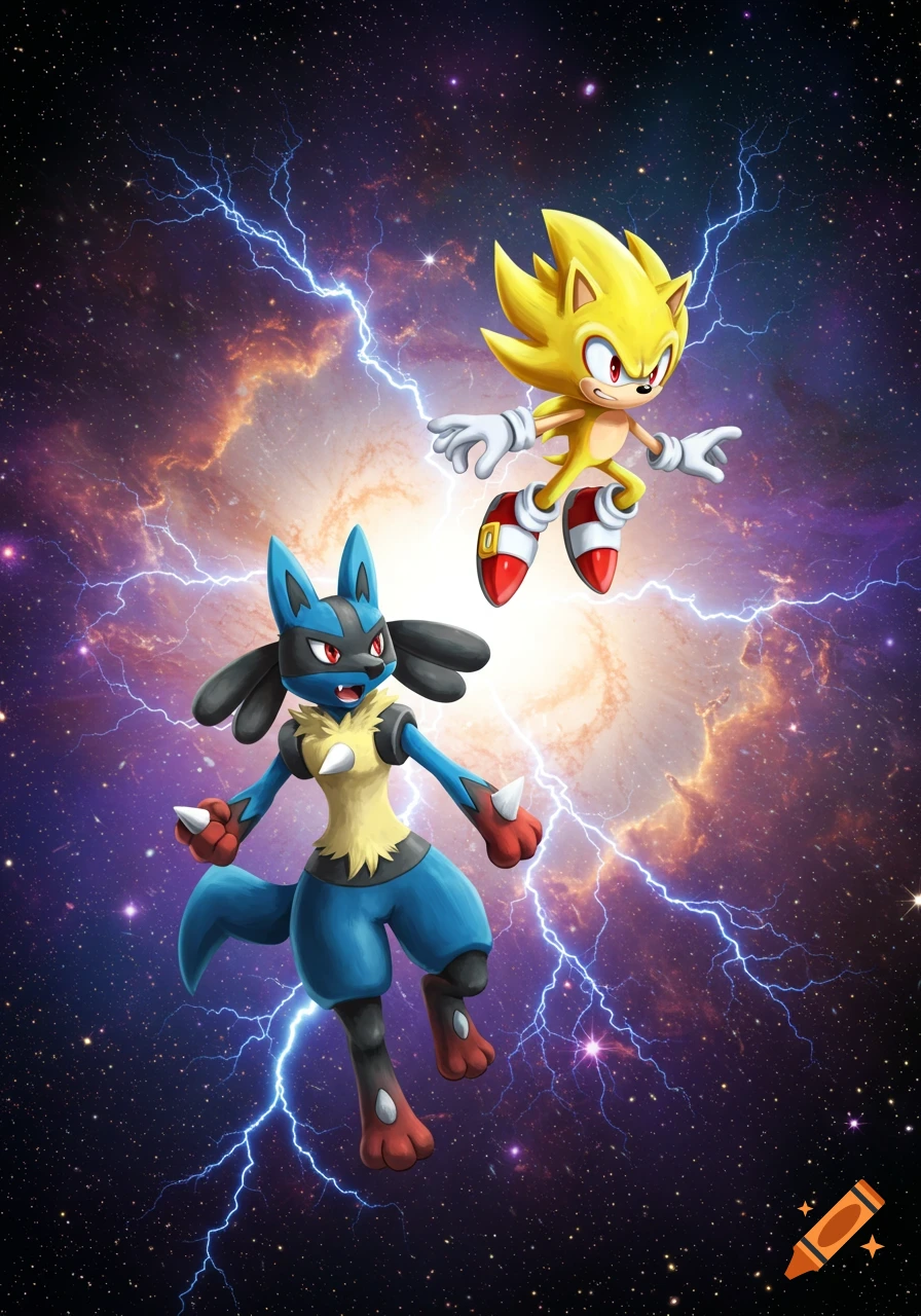 Mega Lucario and Super Sonic float in a galaxy with lightning. on Craiyon