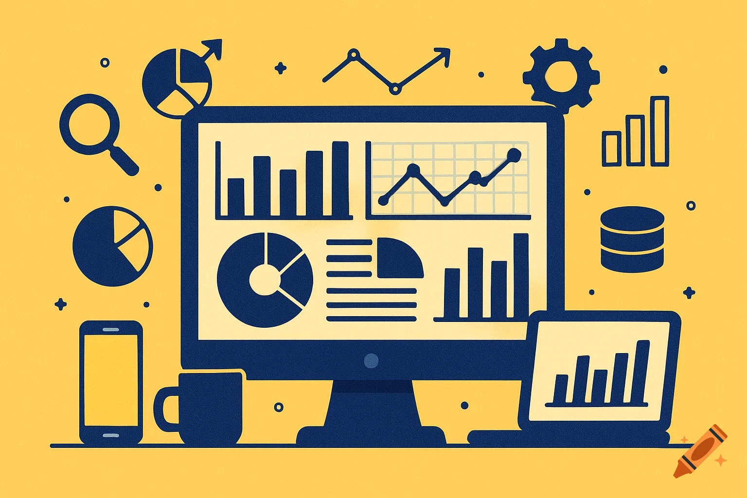 Stylized graphic of a data analytics dashboard with charts and graphs on a computer screen ...