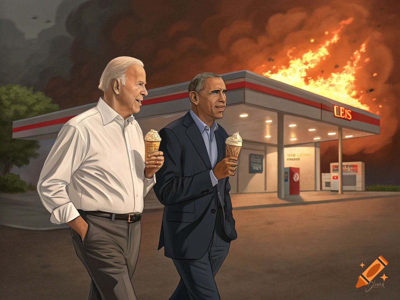 Illustrated image of Joe Biden and Barack Obama walking, eating ice ...