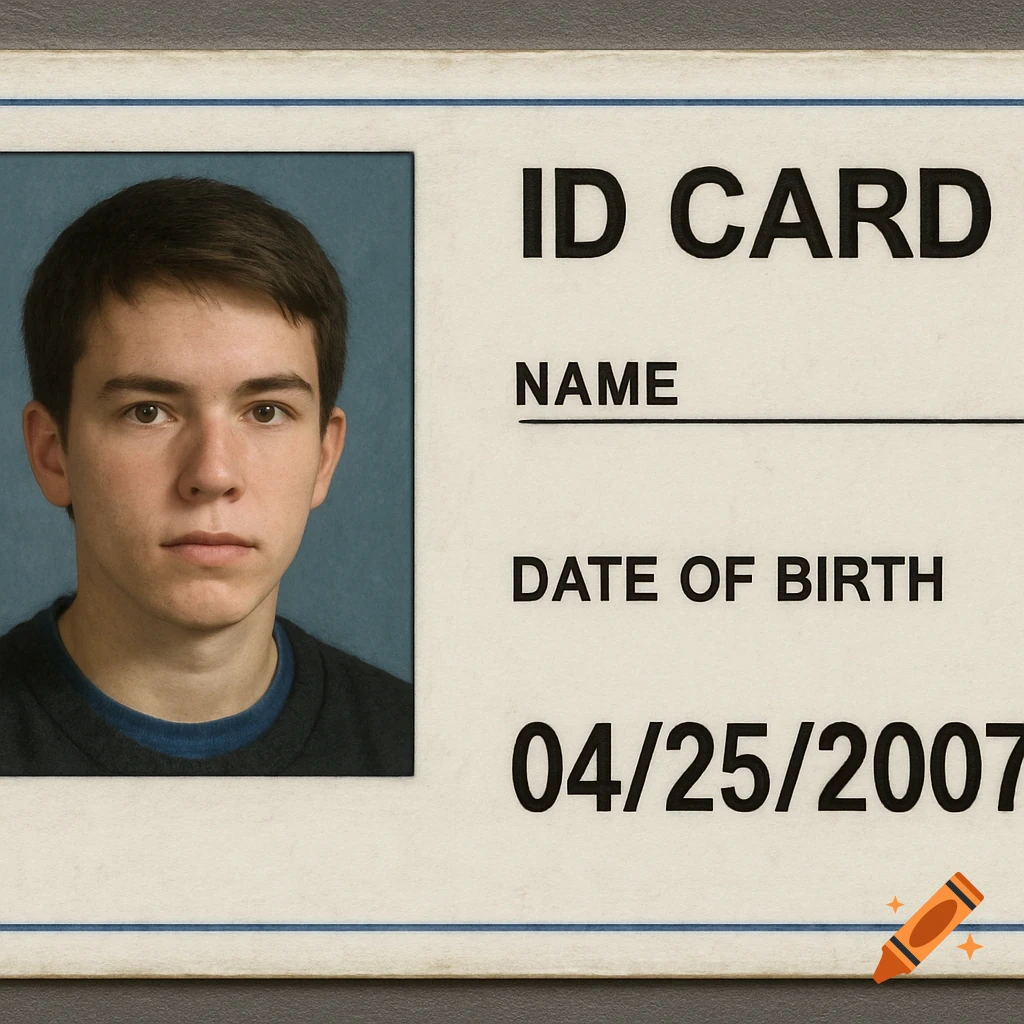 Realistic ID card with photo of a young man and date of birth 04/25/2007 on Craiyon
