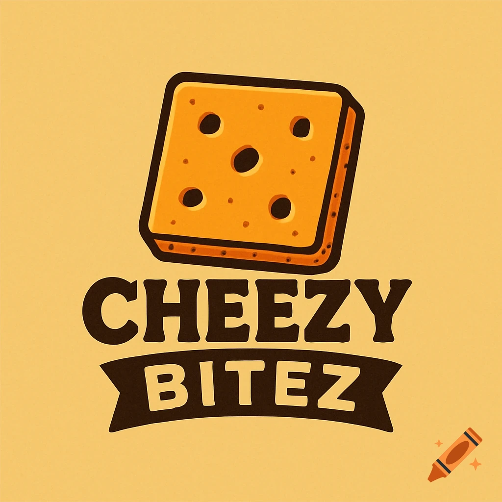 Logo for Cheezy Bitez featuring a square cheese cracker icon. on Craiyon
