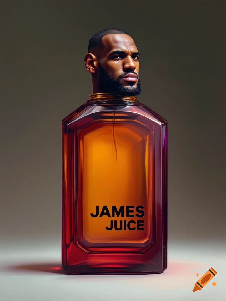 Photorealistic image of a fragrance bottle with LeBron James's head as ...