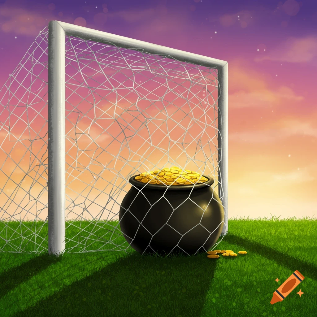 A pot of gold coins sits inside a soccer goal net on a grassy field at ...