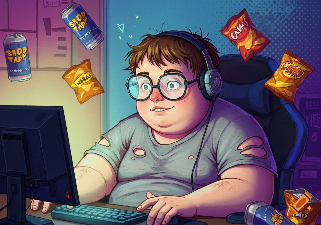 Cartoon of an overweight boy gaming at a computer with snacks and ...