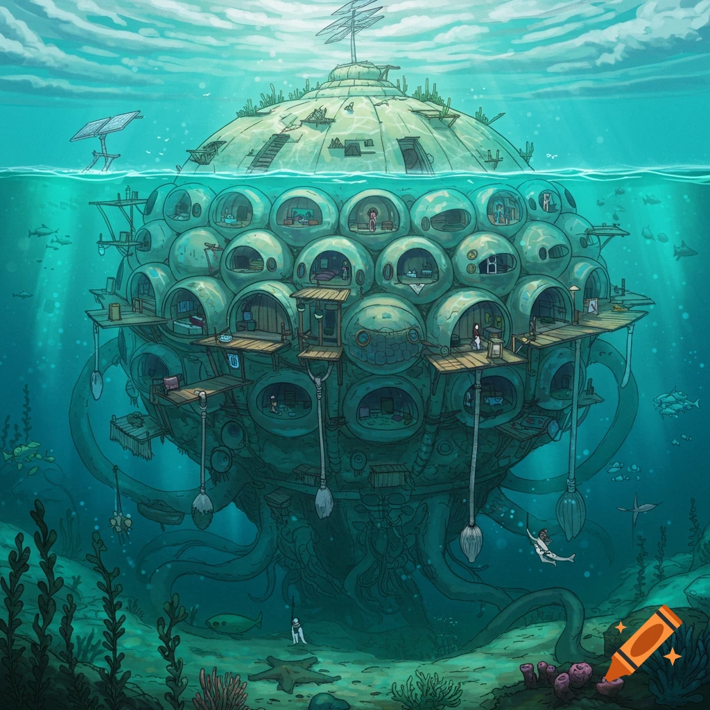 An illustration of a large, spherical underwater dwelling resembling a ...