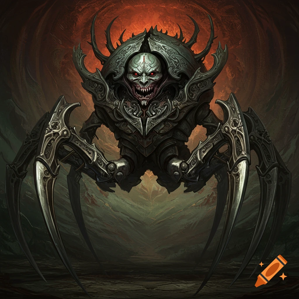 A dark fantasy illustration of a carapaced spider-like creature with a ...