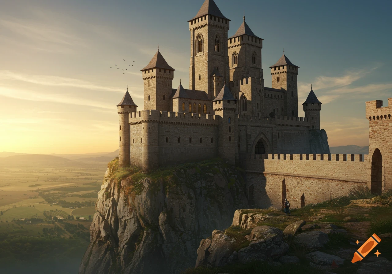 A grand medieval castle sits atop a rocky cliff overlooking a vast ...