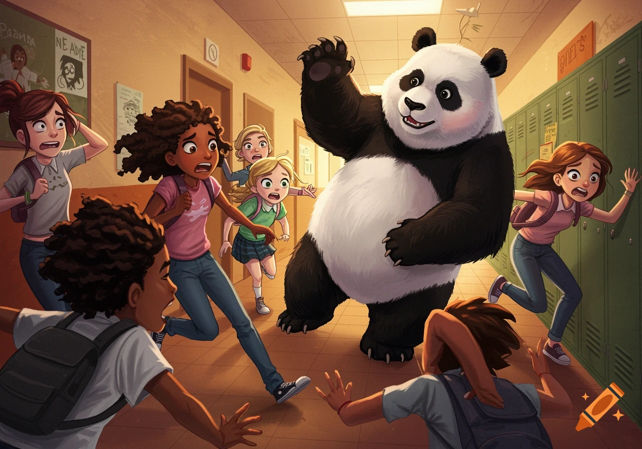 Cartoon illustration of children running in fear from a large panda in ...