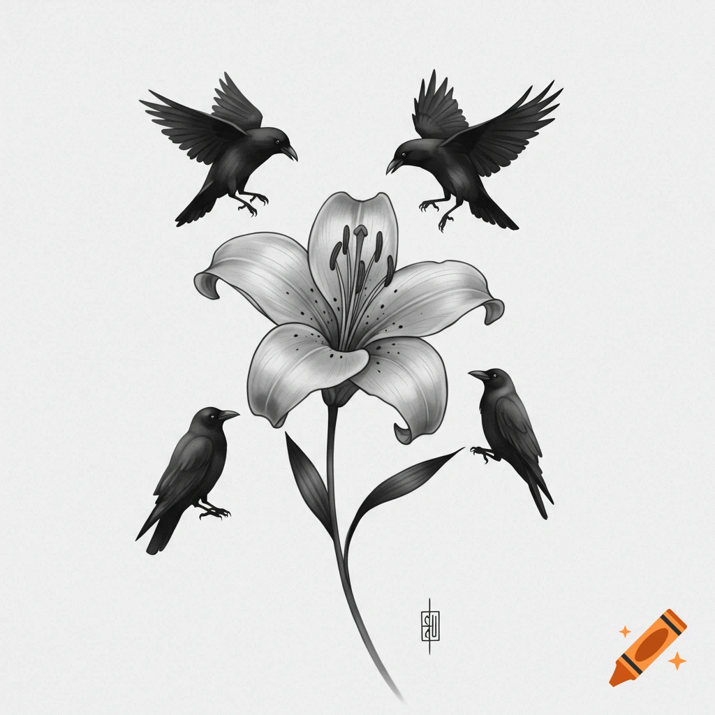 Grayscale illustration of a lily flower with four crows around it, in a ...