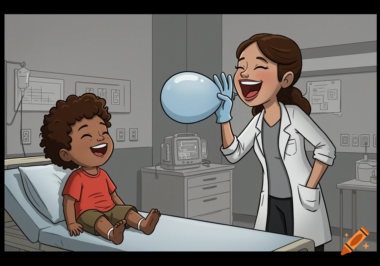 Cartoon of a boy on a hospital bed and a doctor blowing up a glove like ...