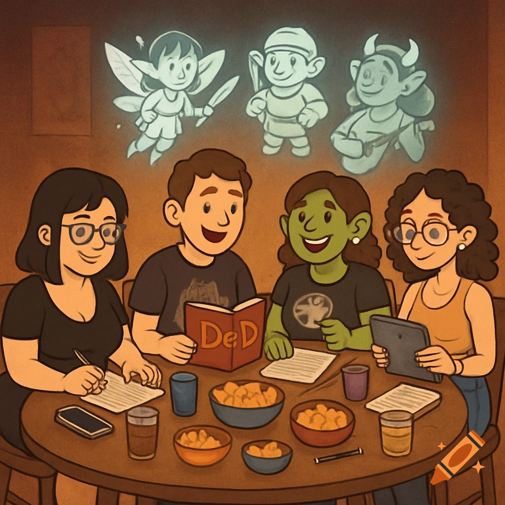 Cartoon image of four people playing a tabletop game with ghostly ...