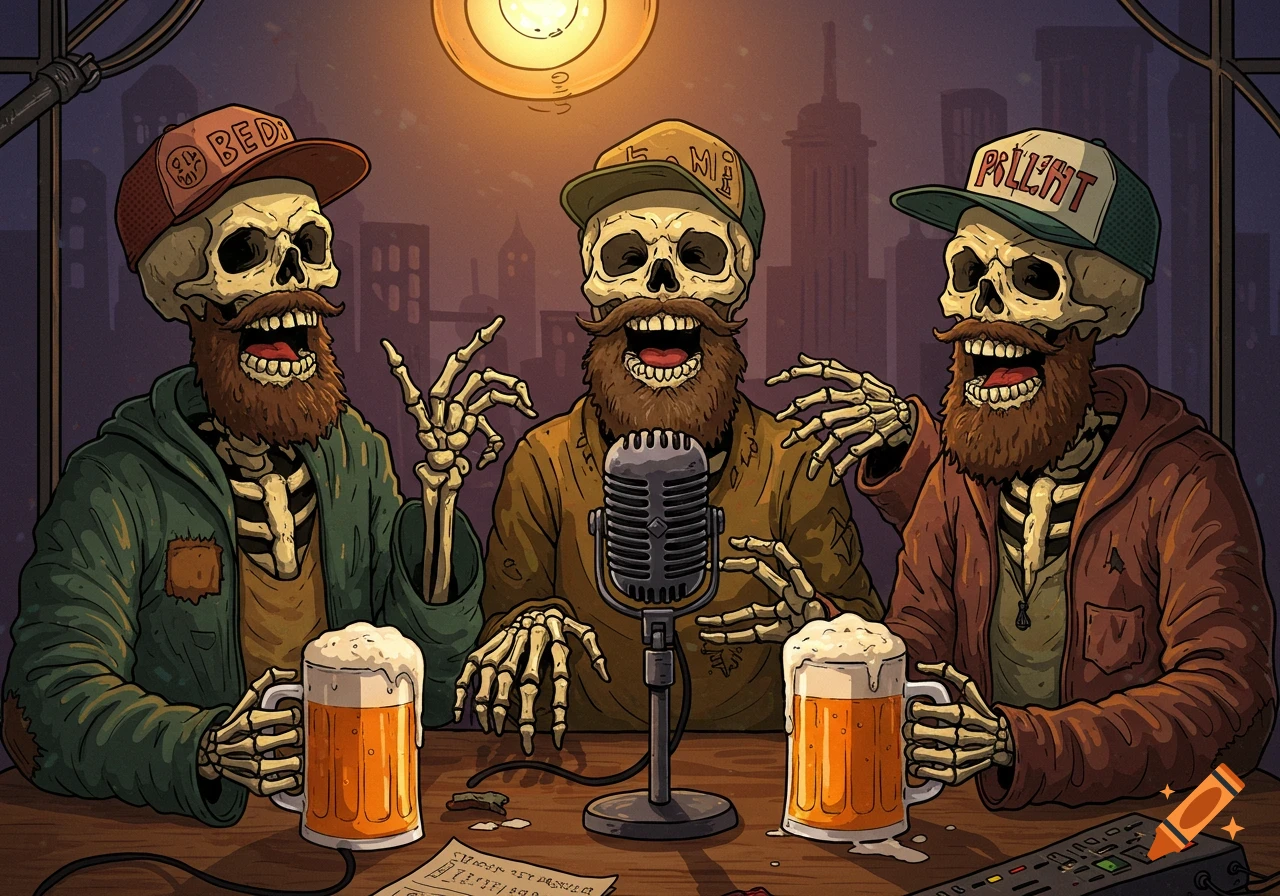 Cartoon skeletons with beards drinking beer doing a podcast in a bar ...