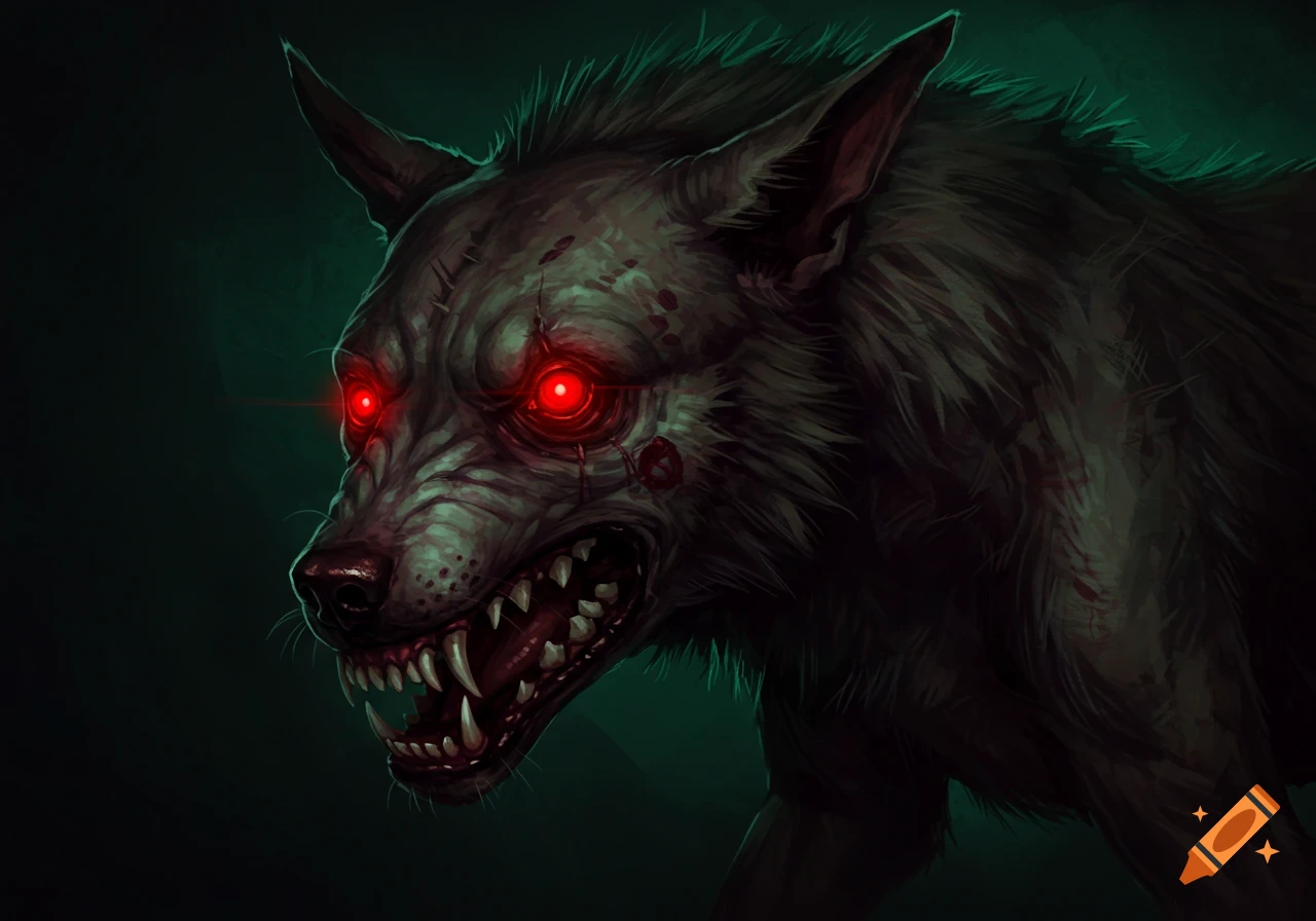 A creepy dog monster with glowing red eyes, sharp teeth, and scars in a ...