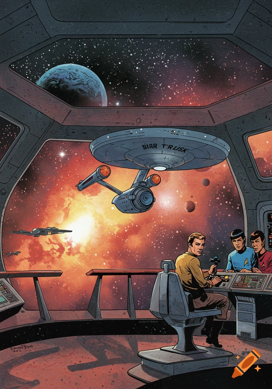 Comic art of Star Trek crew on bridge looking at spaceships and nebula ...
