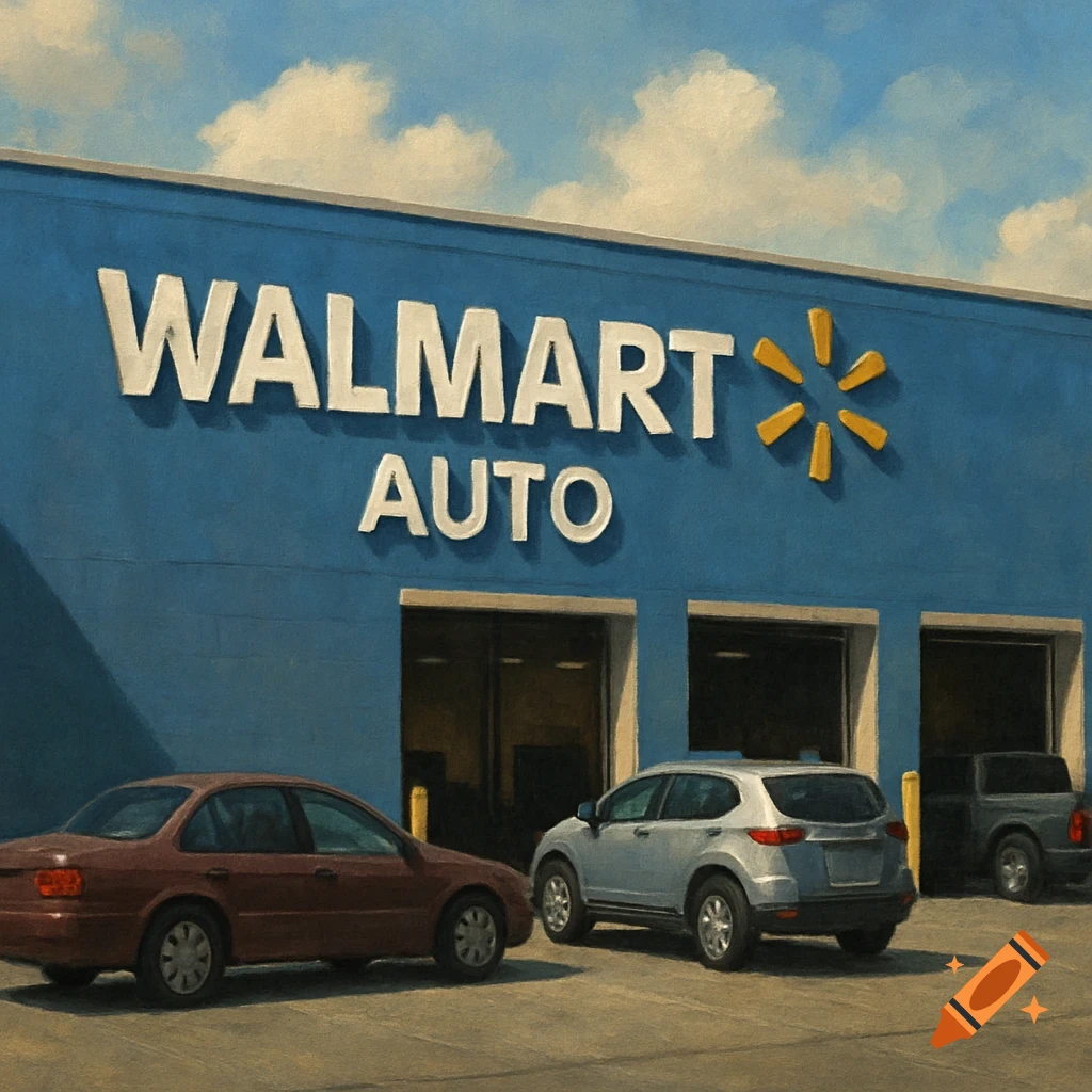 Walmart Auto building with cars parked outside, painterly style. on Craiyon