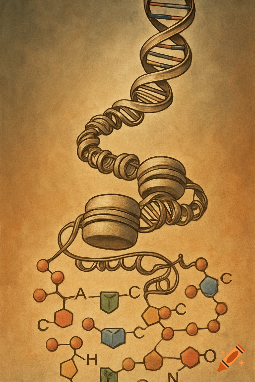 Illustration of DNA unwinding from nucleotides and histones. on Craiyon