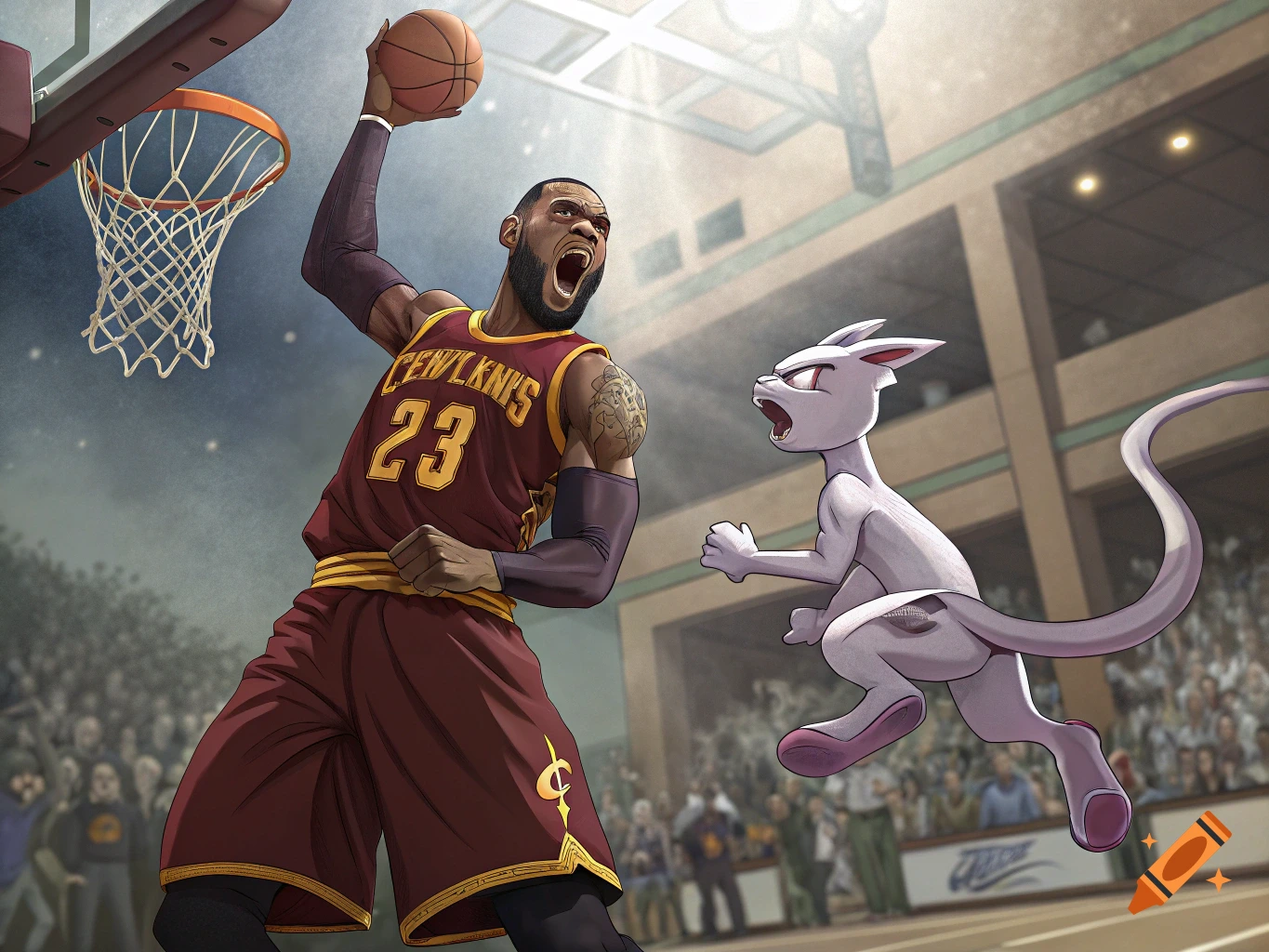 Lebron James dunks a basketball while being guarded by Mewtwo on a ...