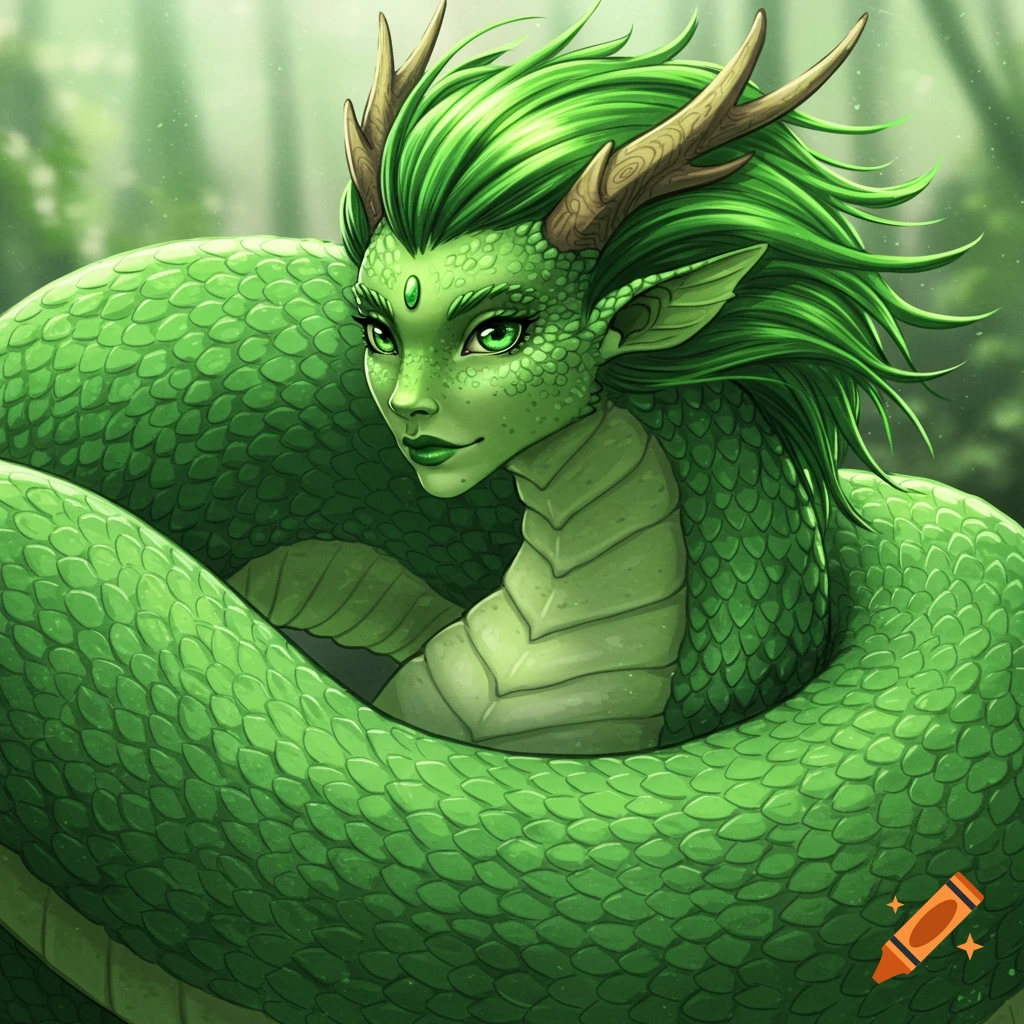 Close-up of a green snake-human hybrid creature with green hair and horns in a forest. on Craiyon