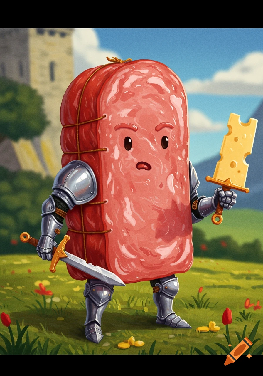Cartoon lunch meat in knight armor holds a metal sword and a cheese ...