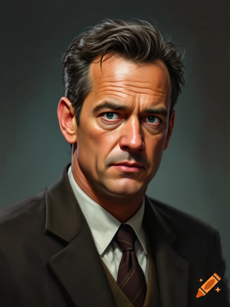 A stylized portrait of a man in a suit looking weary. on Craiyon