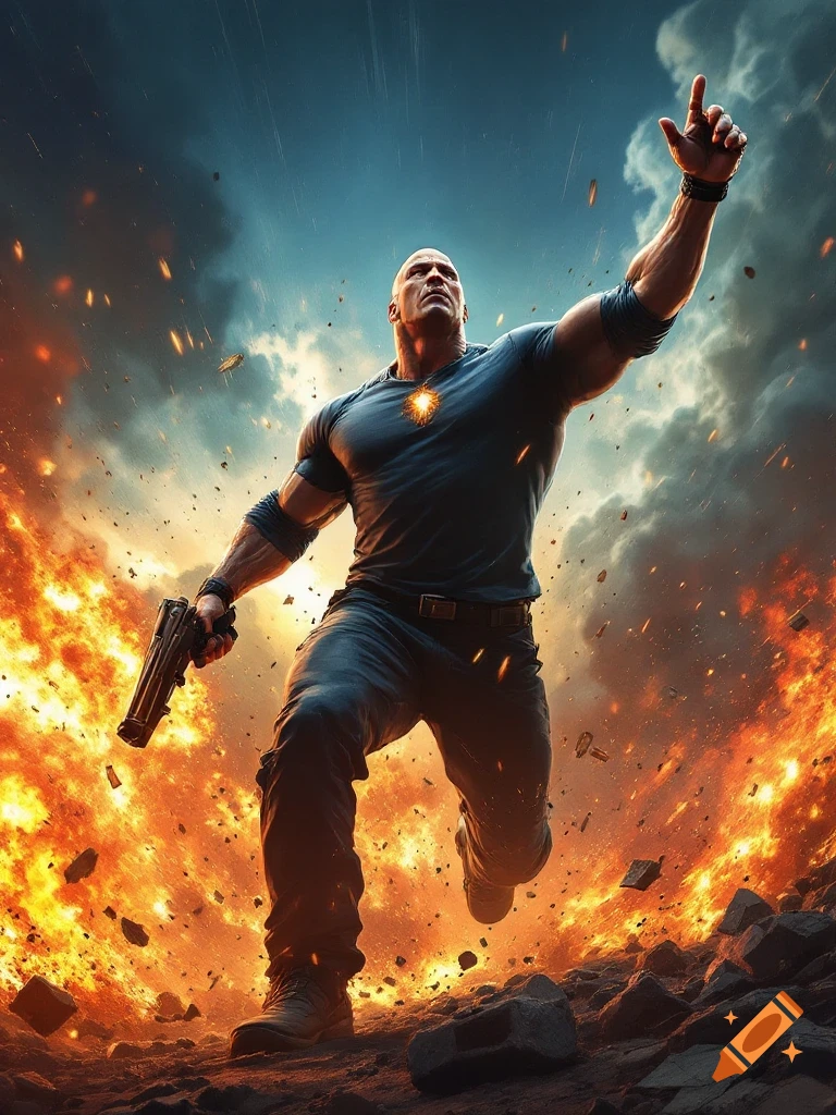 A muscular man running from an explosion while holding a gun and ...