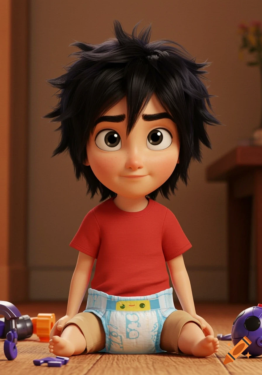 Animated baby character in red shirt and blue diaper sits on floor with ...