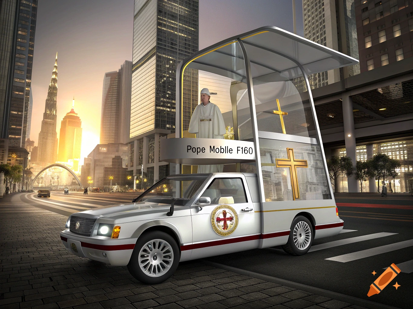 A Pope rides in a pope mobile driving on a city street with tall ...