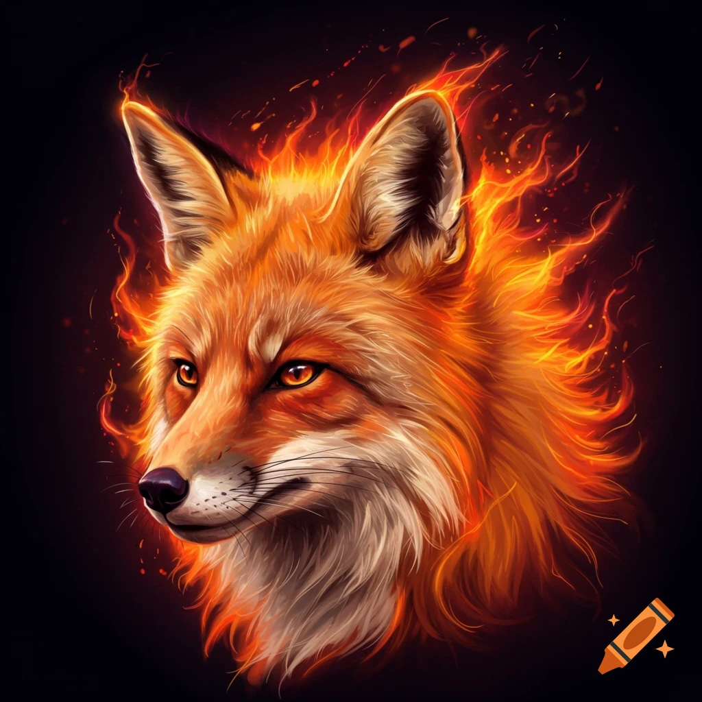 Close-up digital painting of a fox head engulfed in stylized orange ...