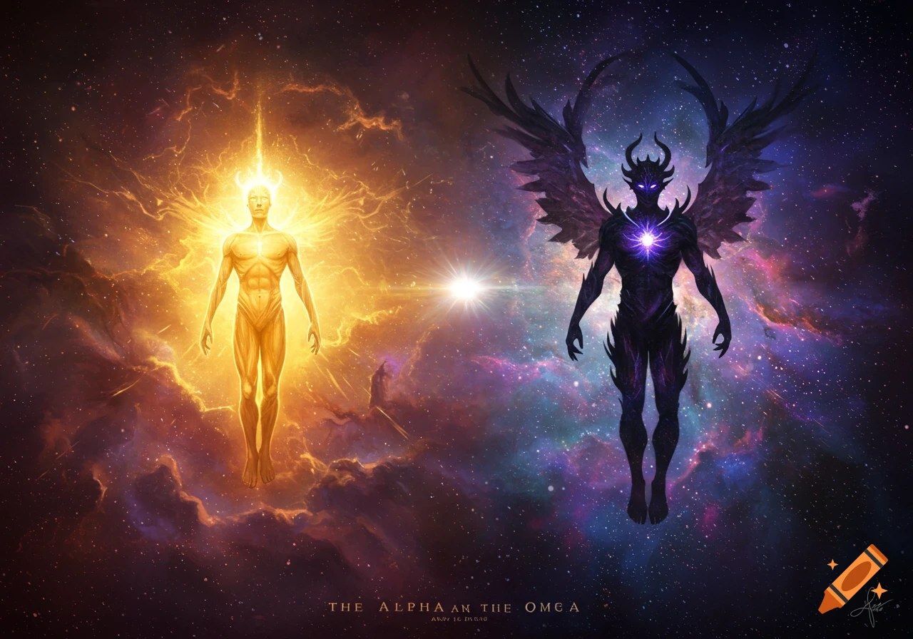 Two cosmic figures, one gold and luminous, one dark with wings, facing ...