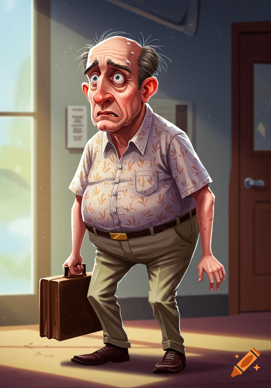 Cartoon illustration of an awkward man holding a briefcase. on Craiyon