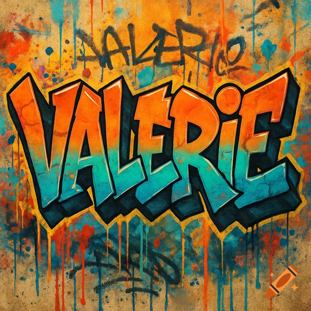 Graffiti art of the name VALERIE in orange and blue bubble letters on a ...