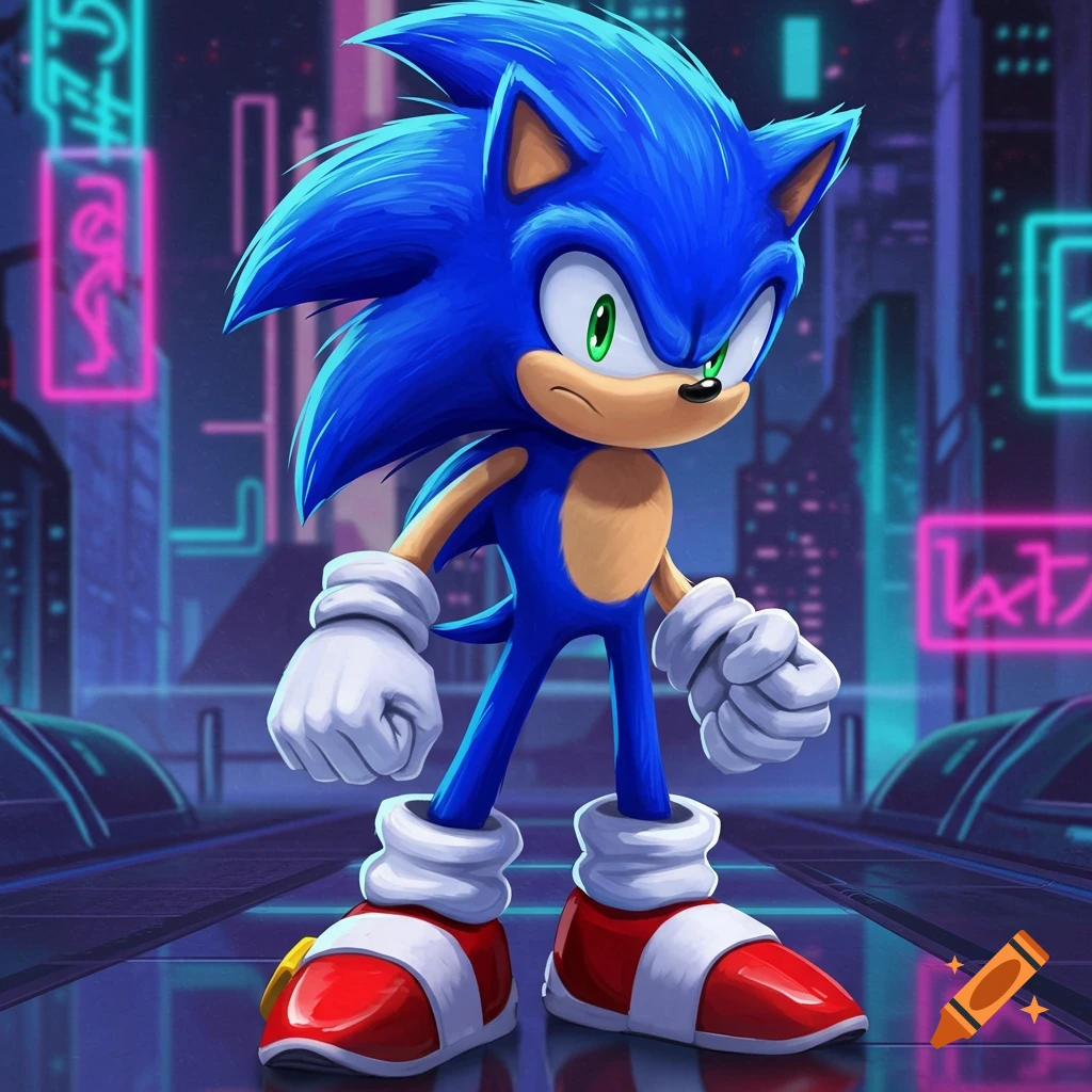 Sonic the Hedgehog stands in a futuristic city at night. on Craiyon
