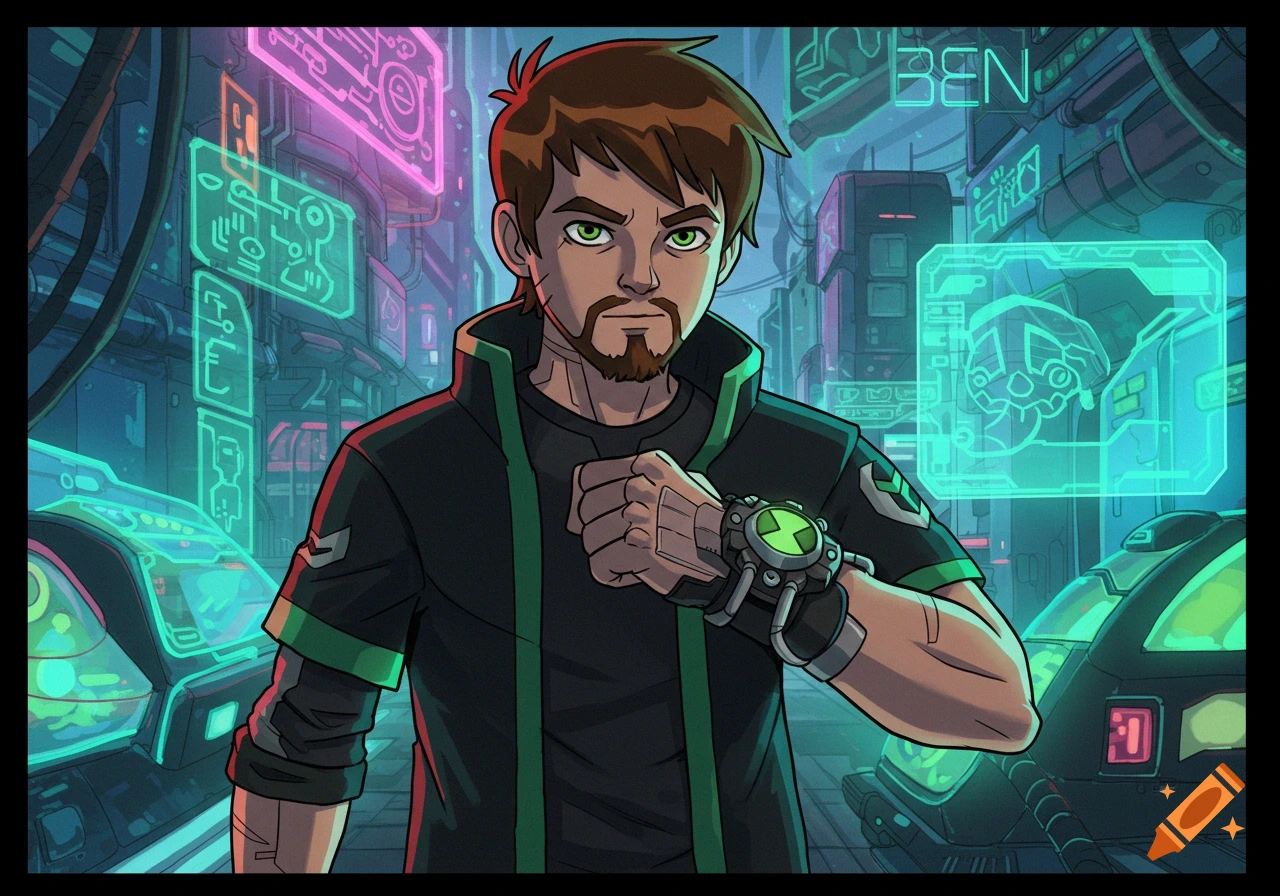 Illustration of Ben 10k in a futuristic city with neon lights, wearing ...