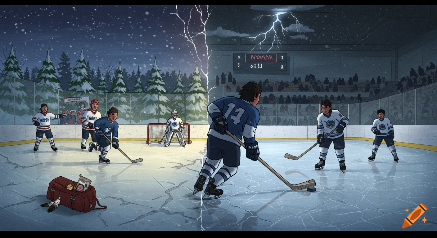 Illustration of a split hockey rink, half outdoor and snowy, half ...