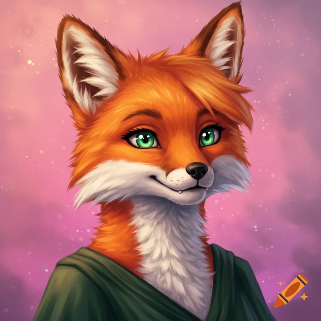 Portrait of a female anthro fox with green eyes wearing a green cloak ...