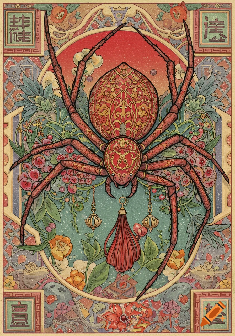 Stylized illustration of a red spider with gold patterns in an ornate ...
