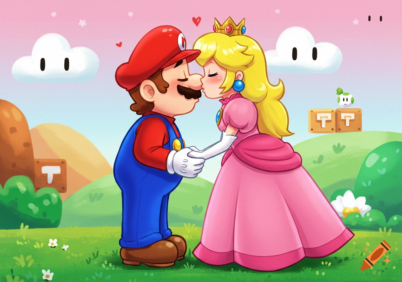 Cartoon image of Mario and Princess Peach holding hands and kissing in ...
