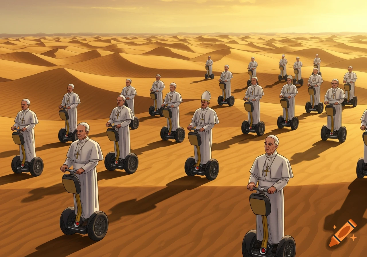 An army of popes riding Segways across sand dunes in a desert. on Craiyon
