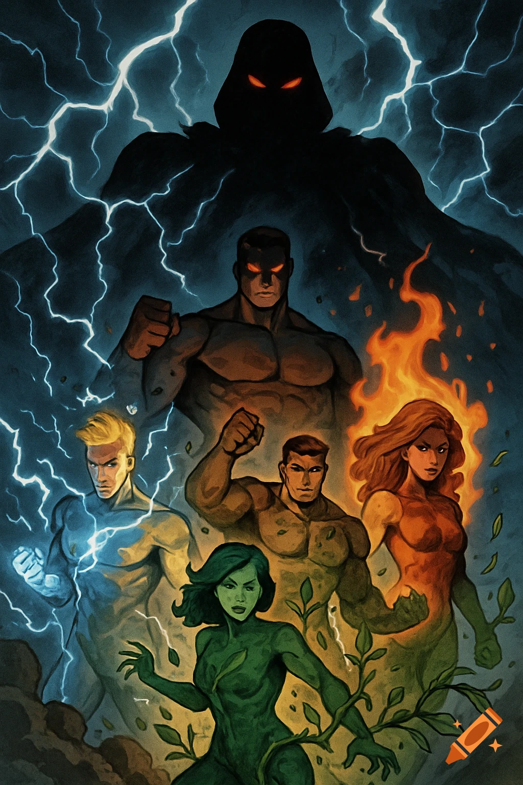 Comic book illustration of four elemental heroes (earth, fire, water ...