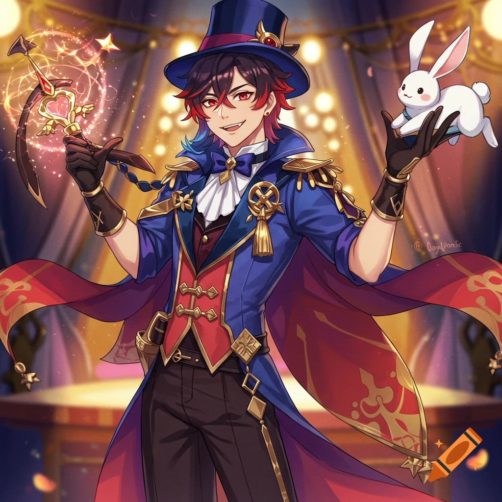 Anime magician holding a white rabbit and a staff, standing on a stage ...