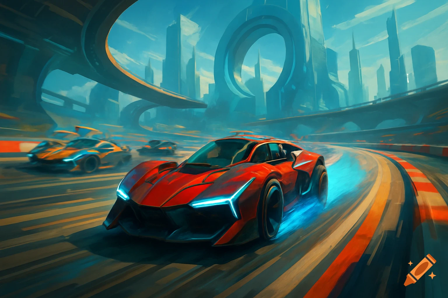 Futuristic race cars speed on a track through a sci-fi city, digital ...