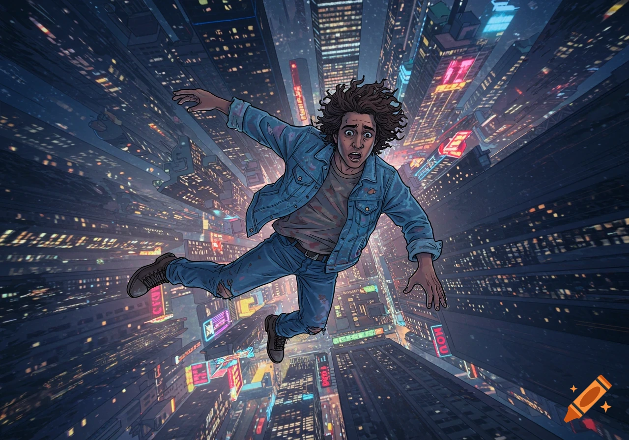 Illustrated view of a person falling headfirst over a neon-lit city ...