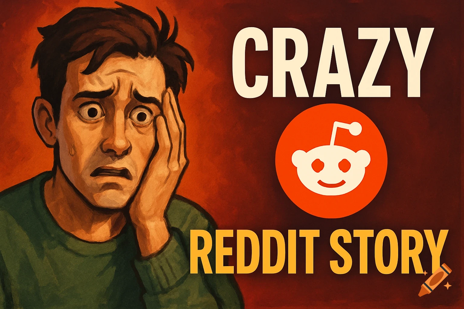 Illustration of a scared man's face next to the Reddit logo and the ...