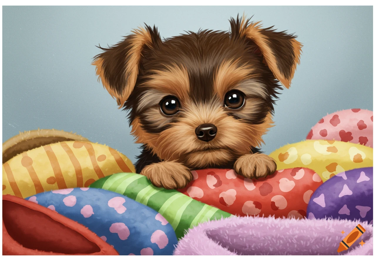 A cute puppy peers over colorful, soft objects in a digital ...