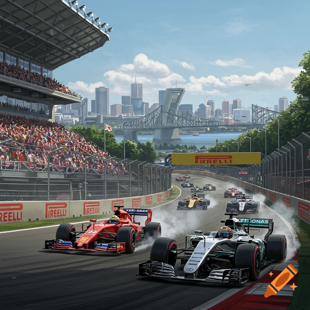 Formula 1 cars racing on a track with spectators and a city skyline in ...