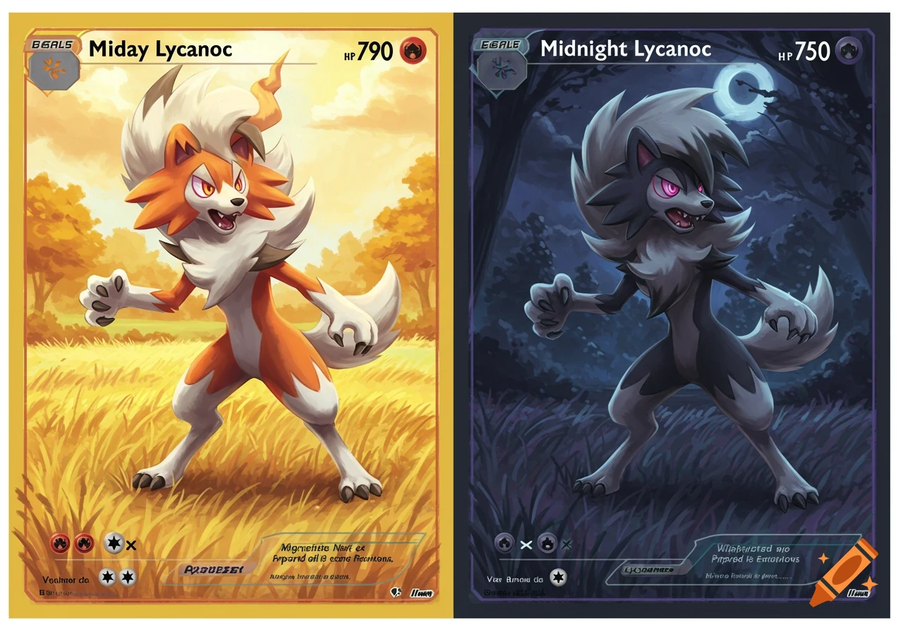 Two trading cards side-by-side: Midday Lycanroc in a sunny field and Midnight Lycanroc in a dark ...