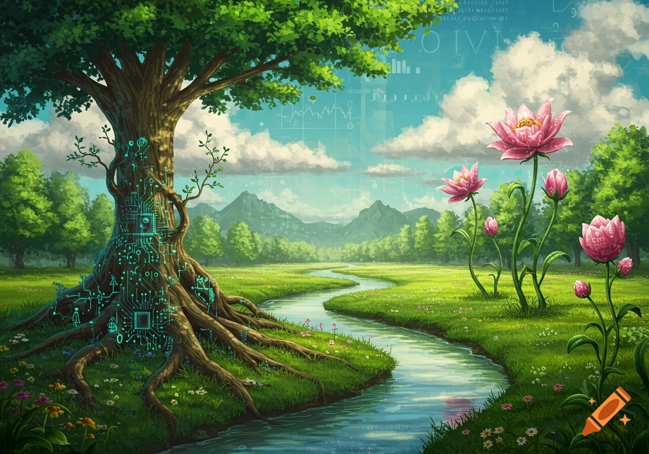 A vibrant landscape where a tree with digital circuitry roots stands by ...