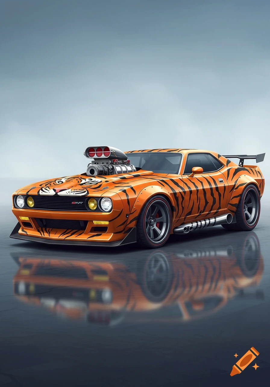 Orange muscle car with tiger stripe design and large engine on a ...