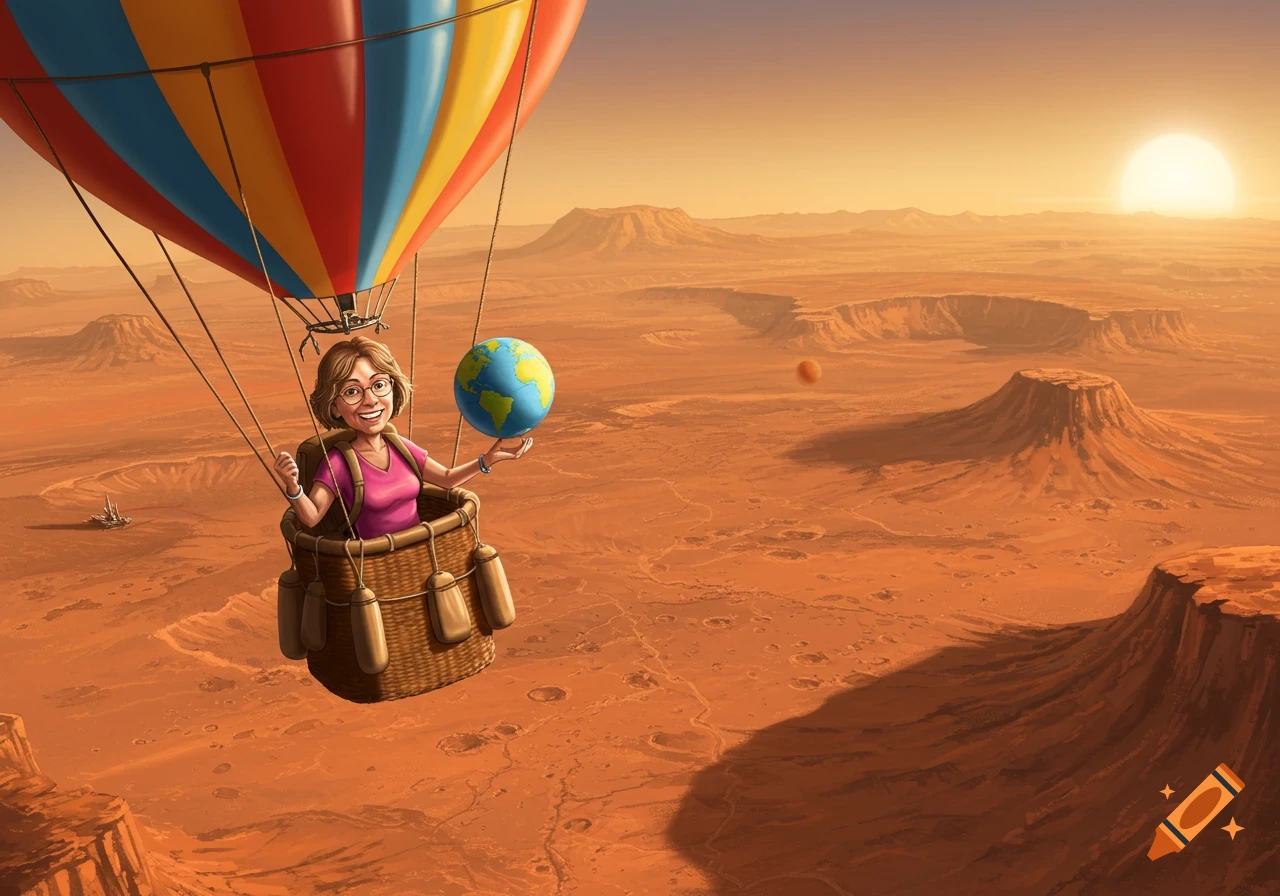 Illustration of a woman in a hot air balloon flying over Mars, holding ...